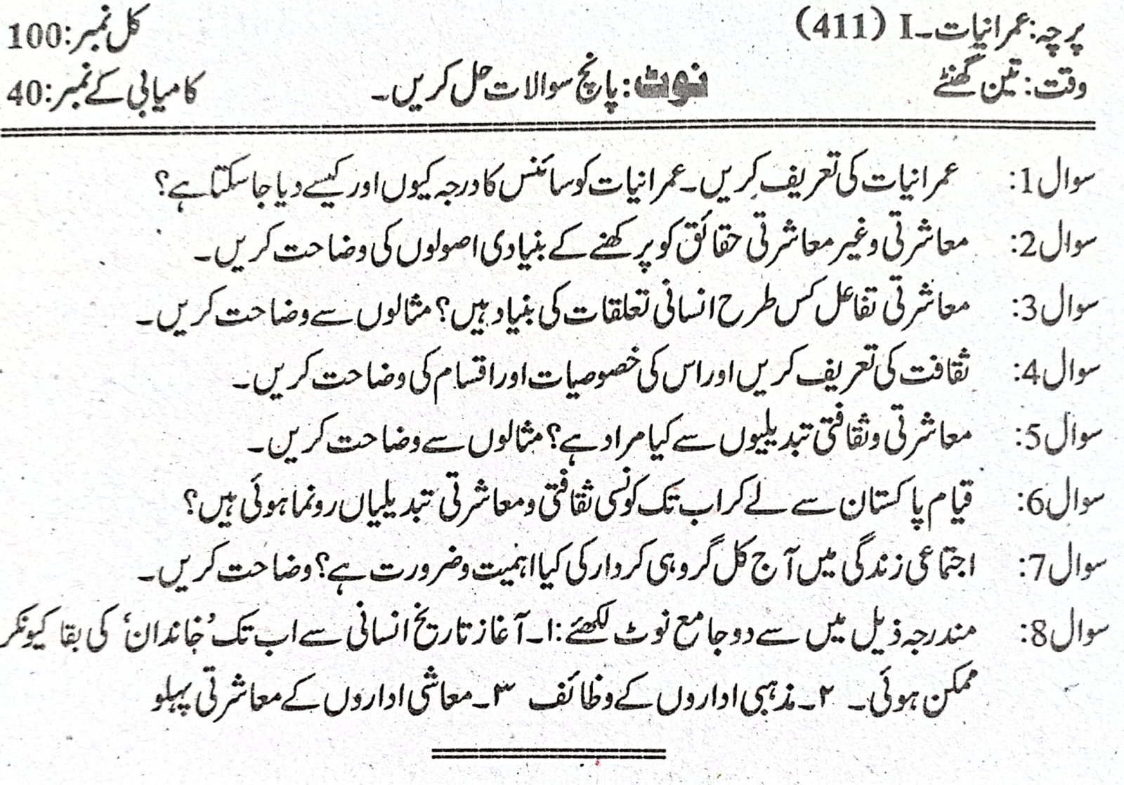 Aiou Ba Code 411 Sociology I Past Papers Biseonline Pk