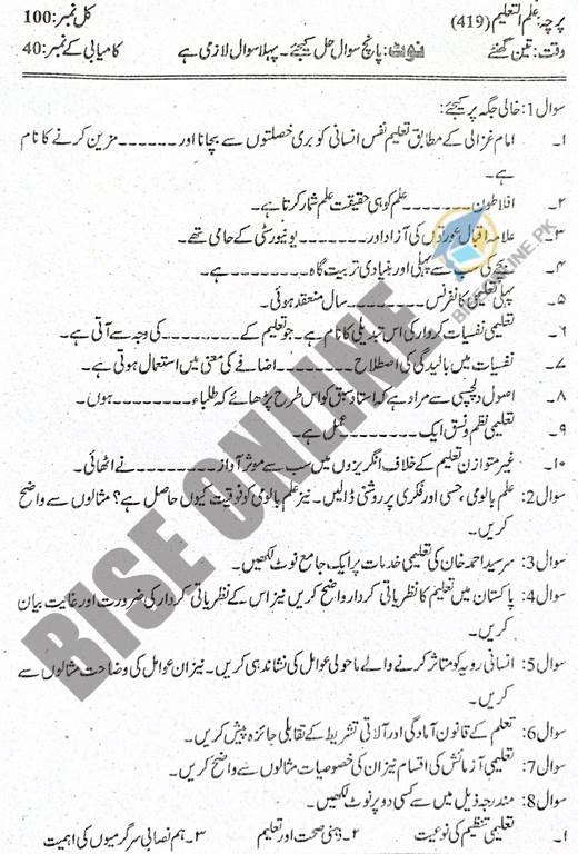 Aiou Ba Code 419 Education Past Papers Biseonline Pk