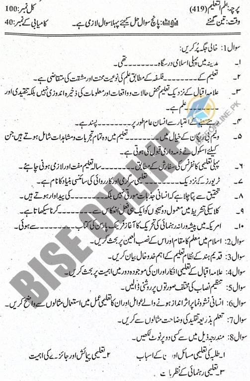 Aiou Ba Code 419 Education Past Papers Biseonline Pk
