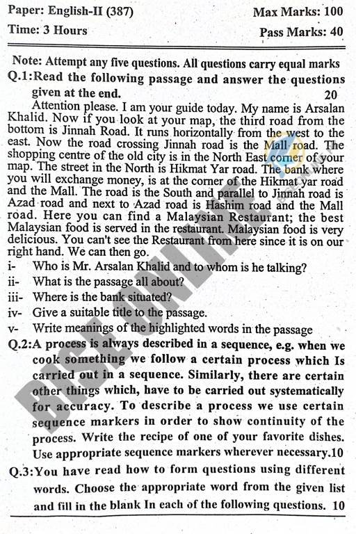 Aiou Fa Code 387 Compulsory English Ii Past Papers Bise Online Pk