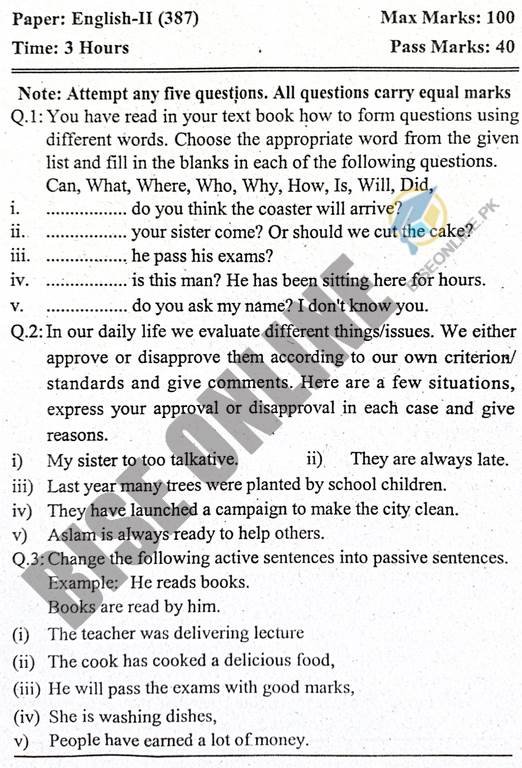 Aiou Fa Code 387 Compulsory English Ii Past Papers Bise Online Pk